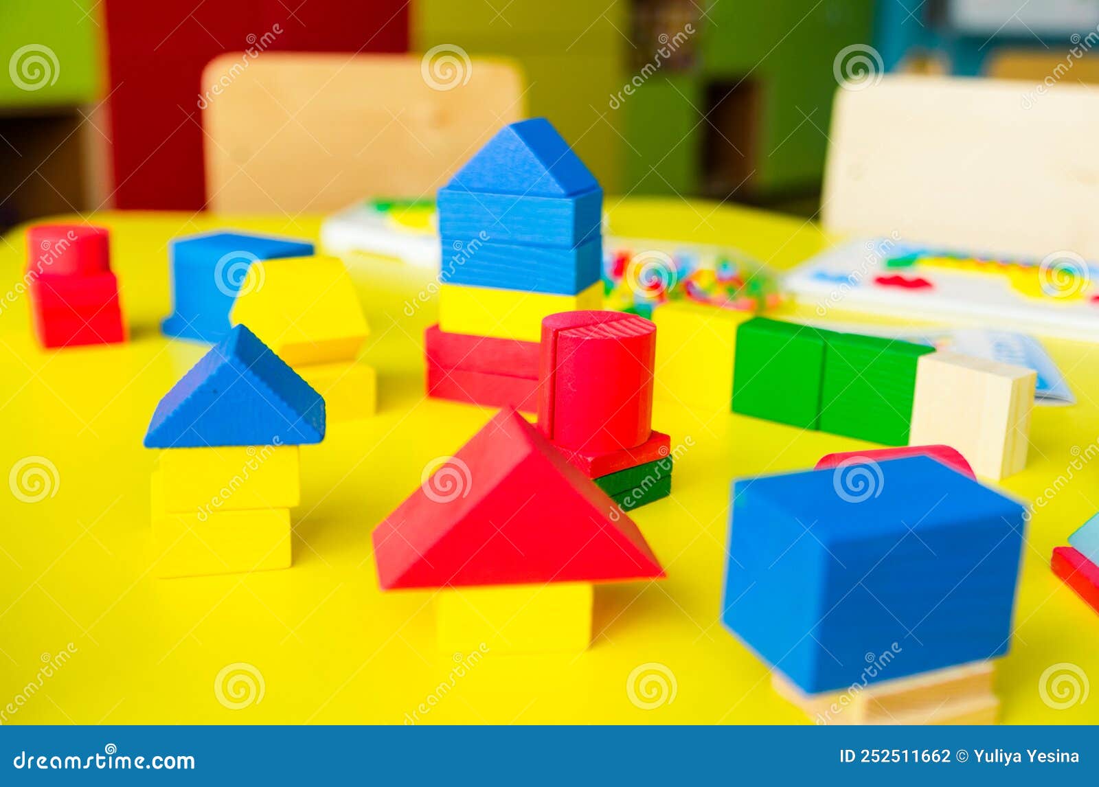 Colorful Blocks in Kindergarten on Yellow Table Stock Photo - Image of ...