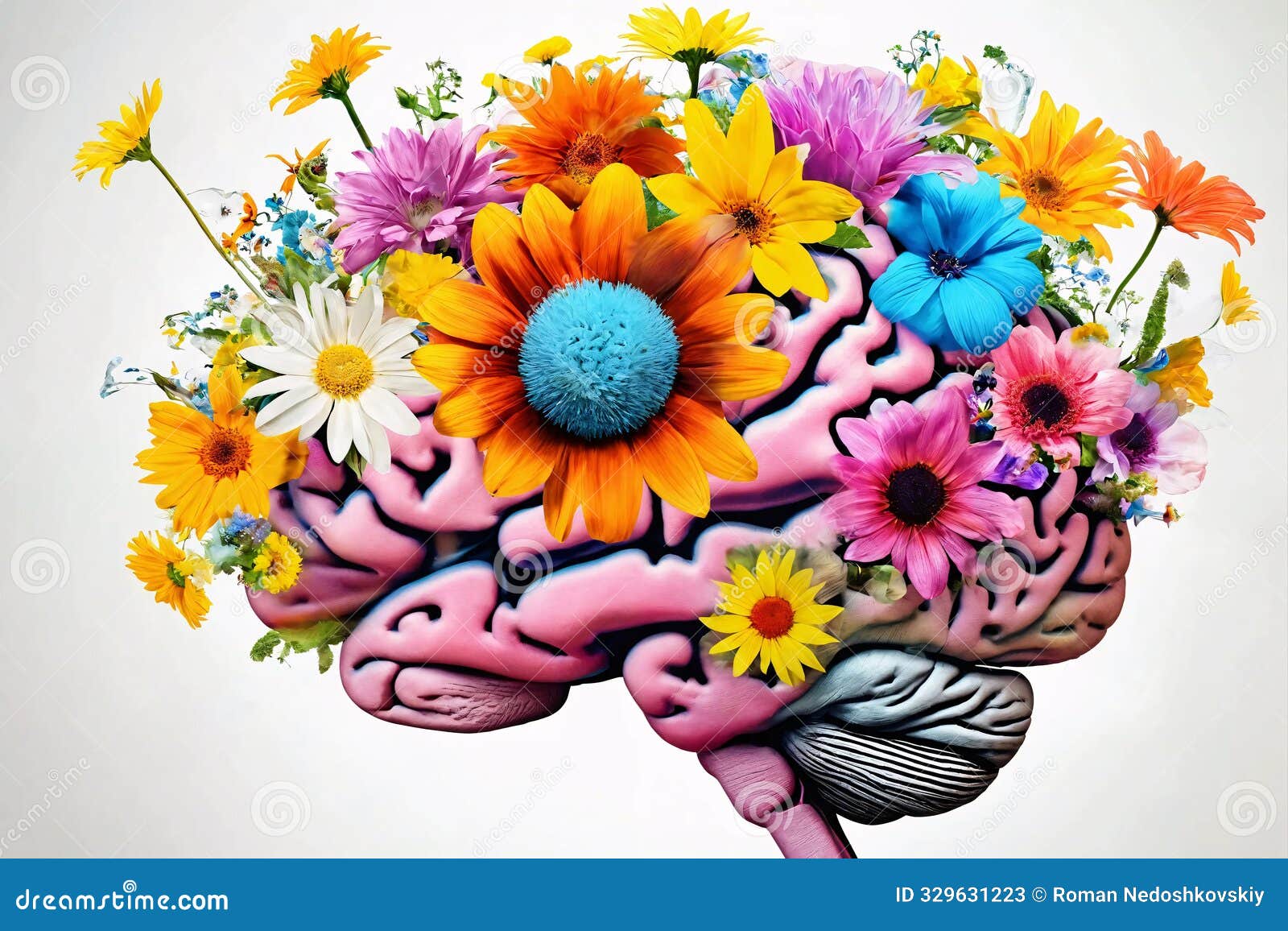 Colorful Blooming Flowers on the Human Brain Surface Stock Illustration ...
