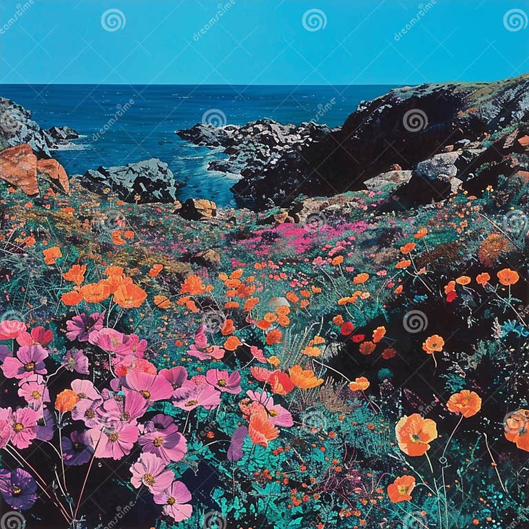 Colorful Blooms Thrive on a Rugged Seaside Path Stock Illustration ...