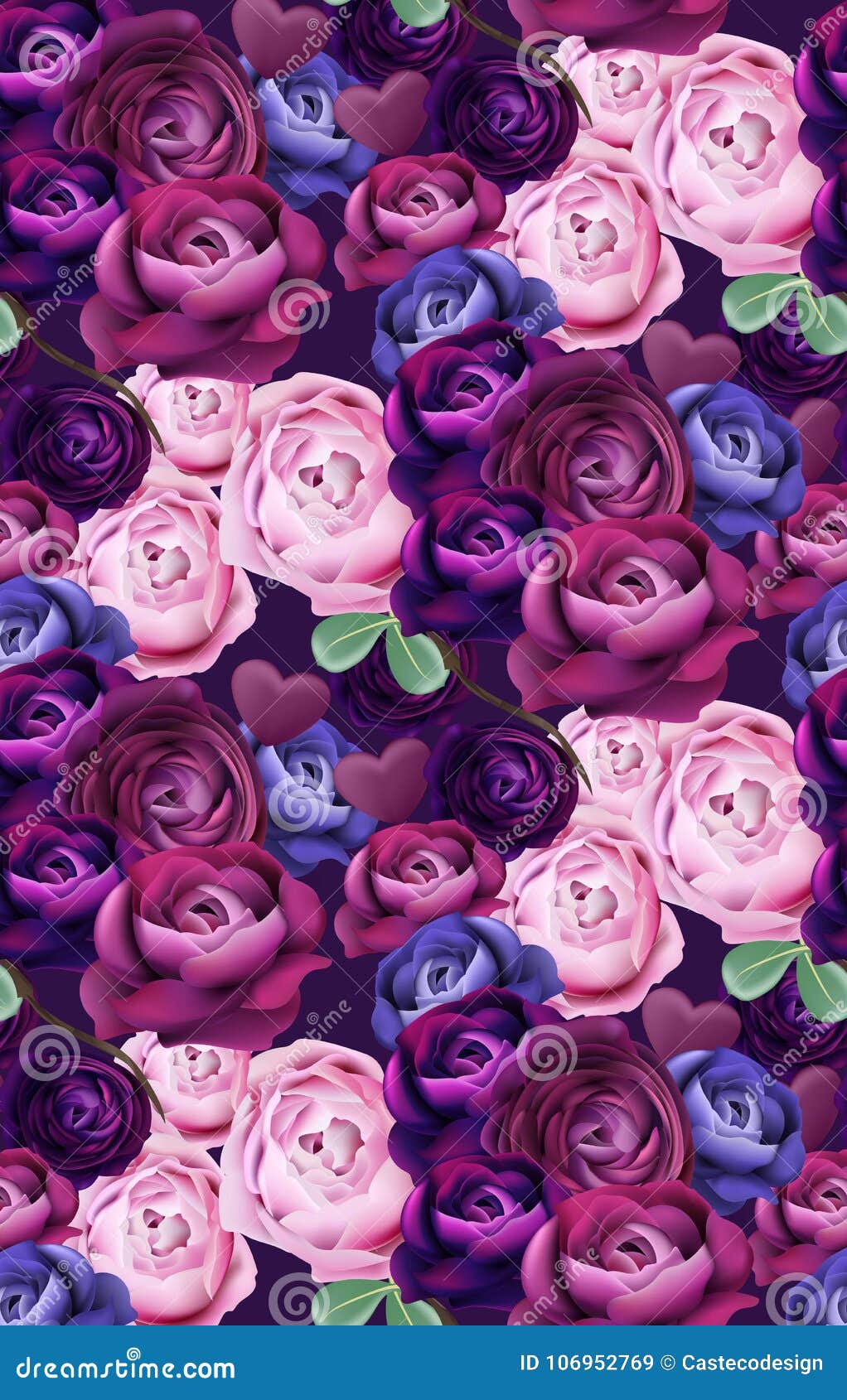 Colorful Blue and Violet Roses Pattern Vector. Vertical Background ...