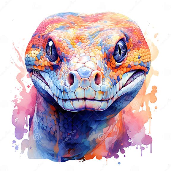 Colorful Boa Constrictor Head Watercolor Illustration with Splashes on ...