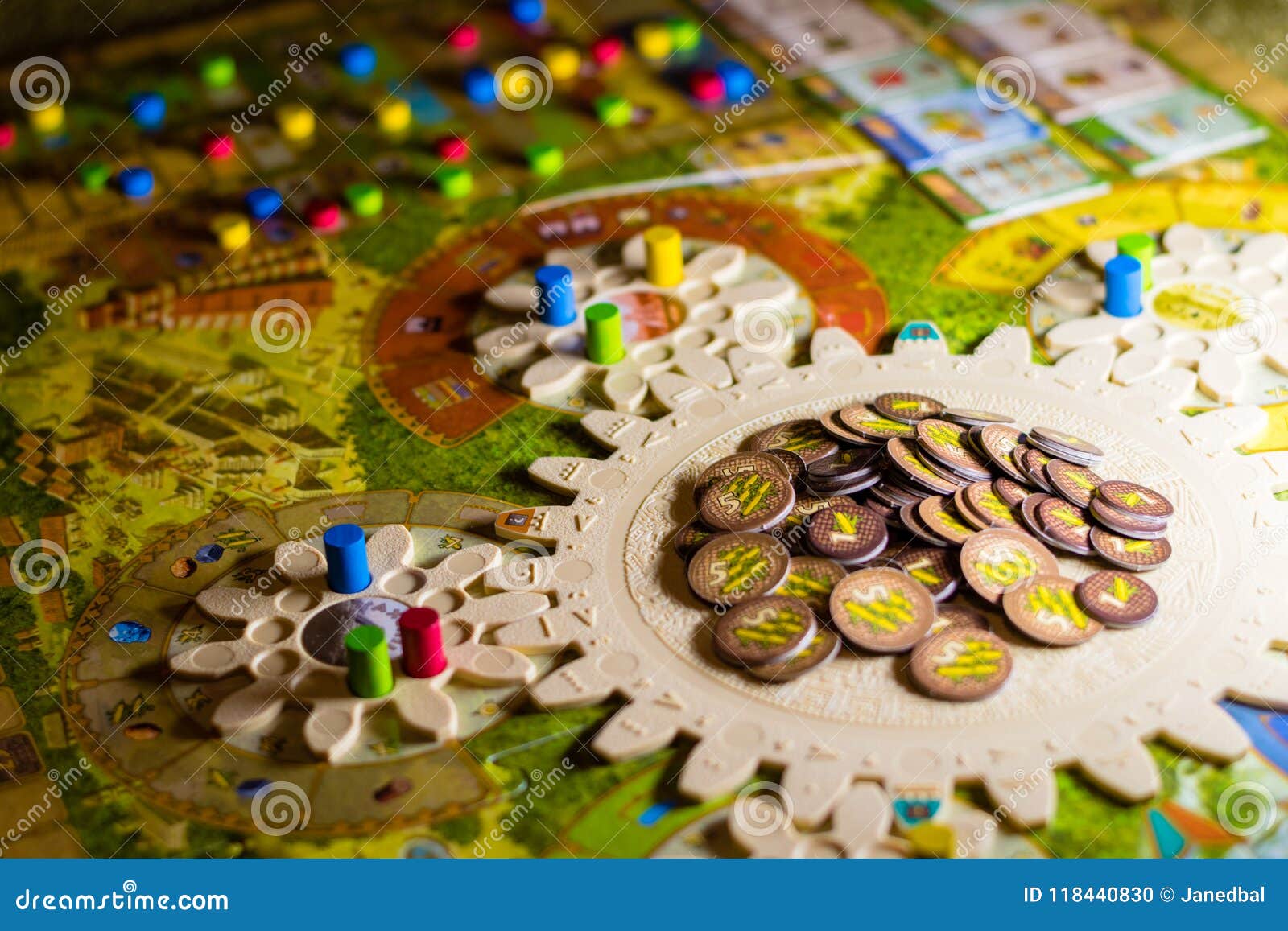 Colorful Boardgame with Cogwheels, Figurines, Chips and Playing Cards ...