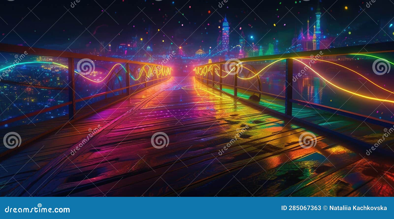 Colorful Boardwalk at the Night Stock Illustration - Illustration of ...