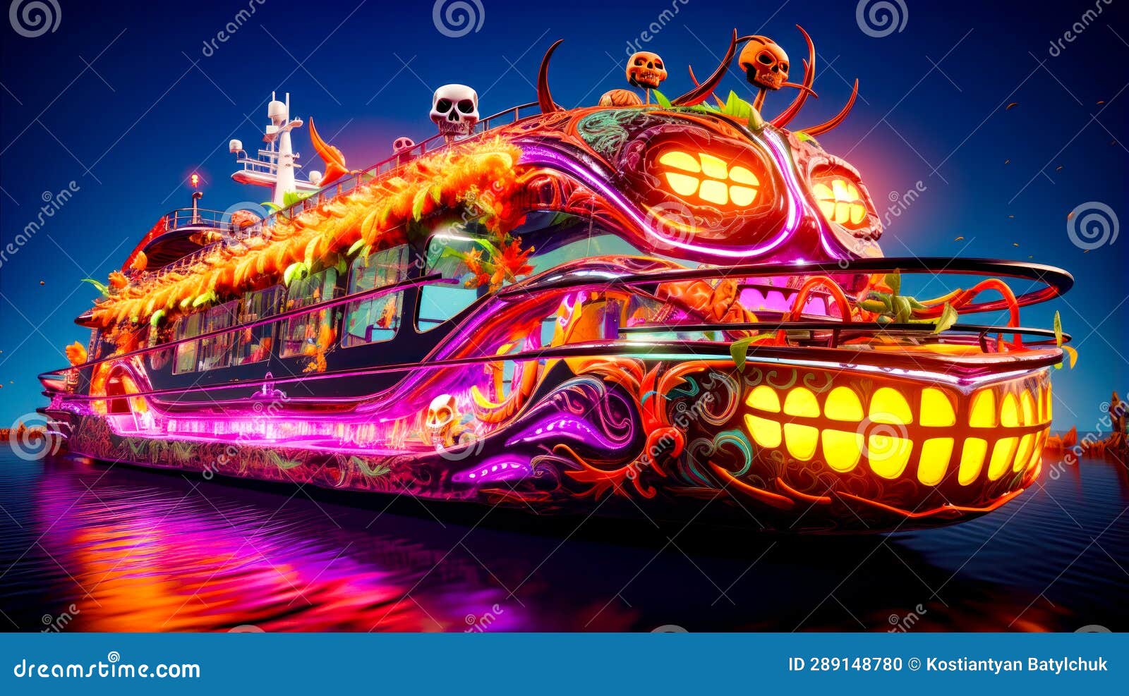 Colorful Boat with Skulls and Skulls on it S Side at Night. Generative ...