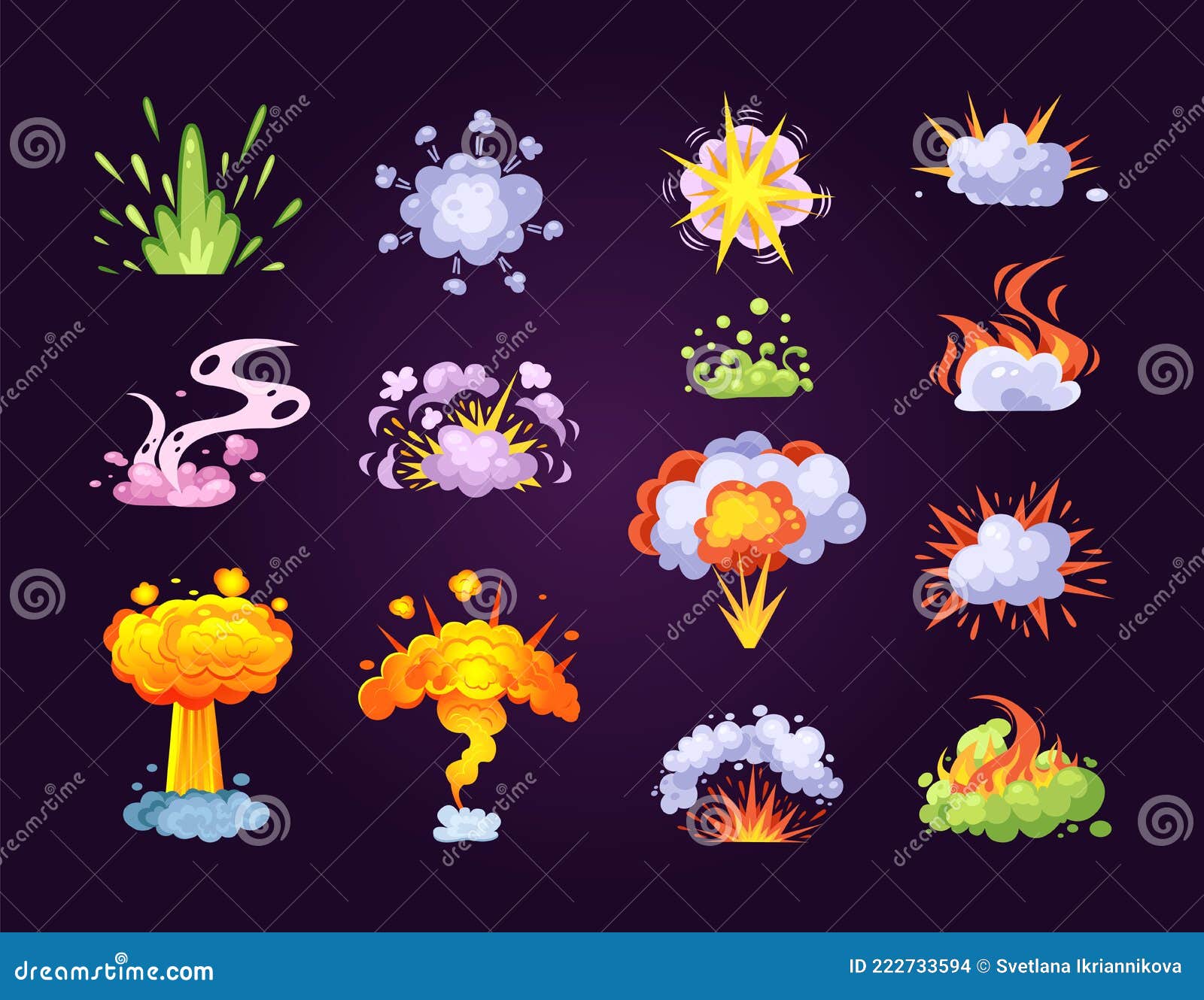 Colorful Bomb Explosion. Set of Blast Atom Explosive Effect. Burn ...