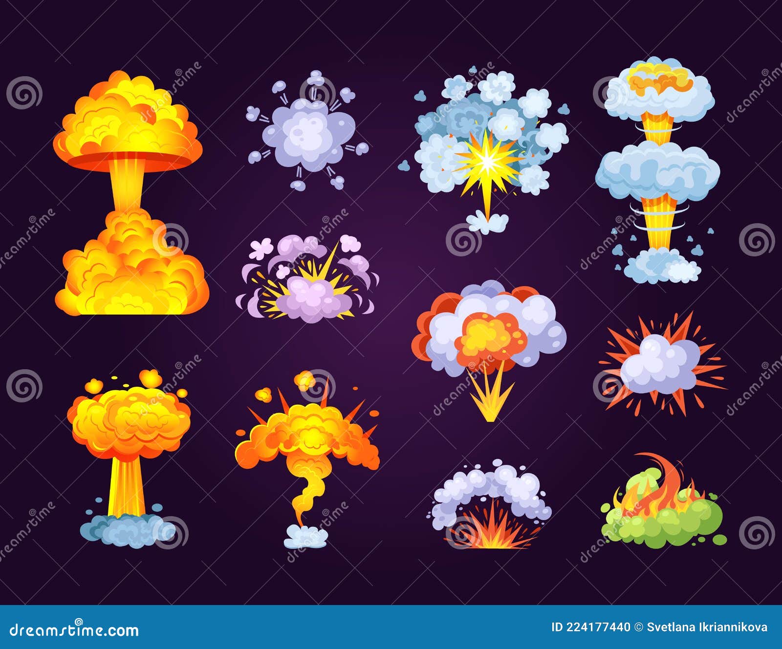 Colorful Bomb Explosion. Set of Blast Atom Explosive Effect. Burn ...
