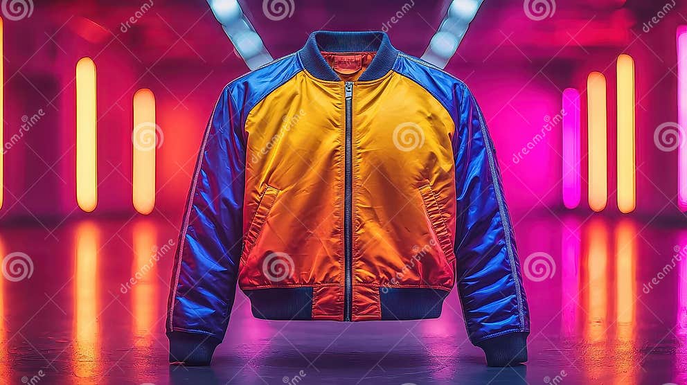 Colorful Bomber Jacket with Neon Lights in a Studio Setting Stock ...