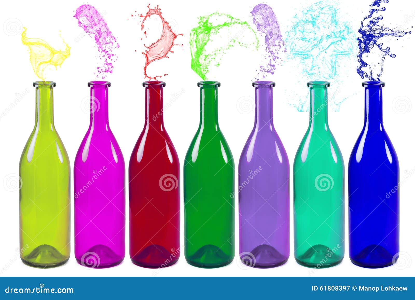 Colorful Bottles With Water Splash Isolated On White Background Royalty ...