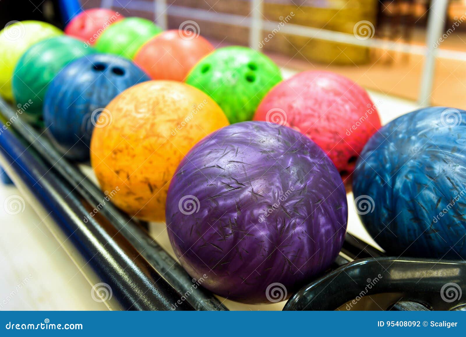 Colorful bowling balls stock photo. Image of closeup - 95408092