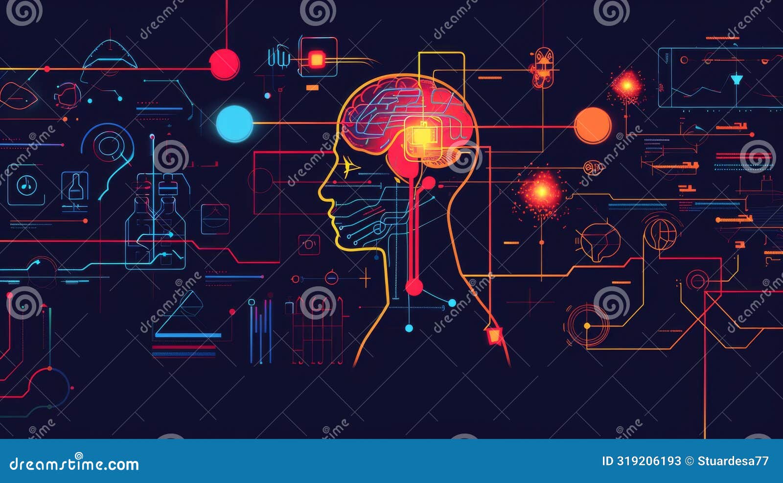 Colorful Brain Concept on Digital Interface Stock Illustration ...