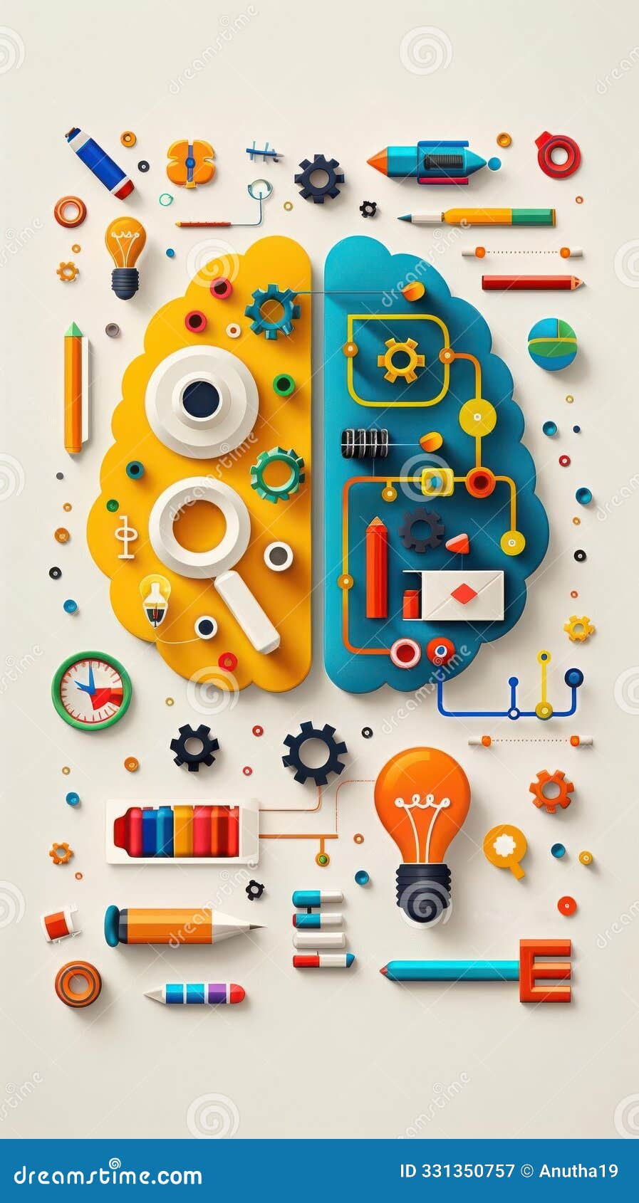 A Colorful Brain Diagram with Various Tools and Symbols, Symbolizing ...
