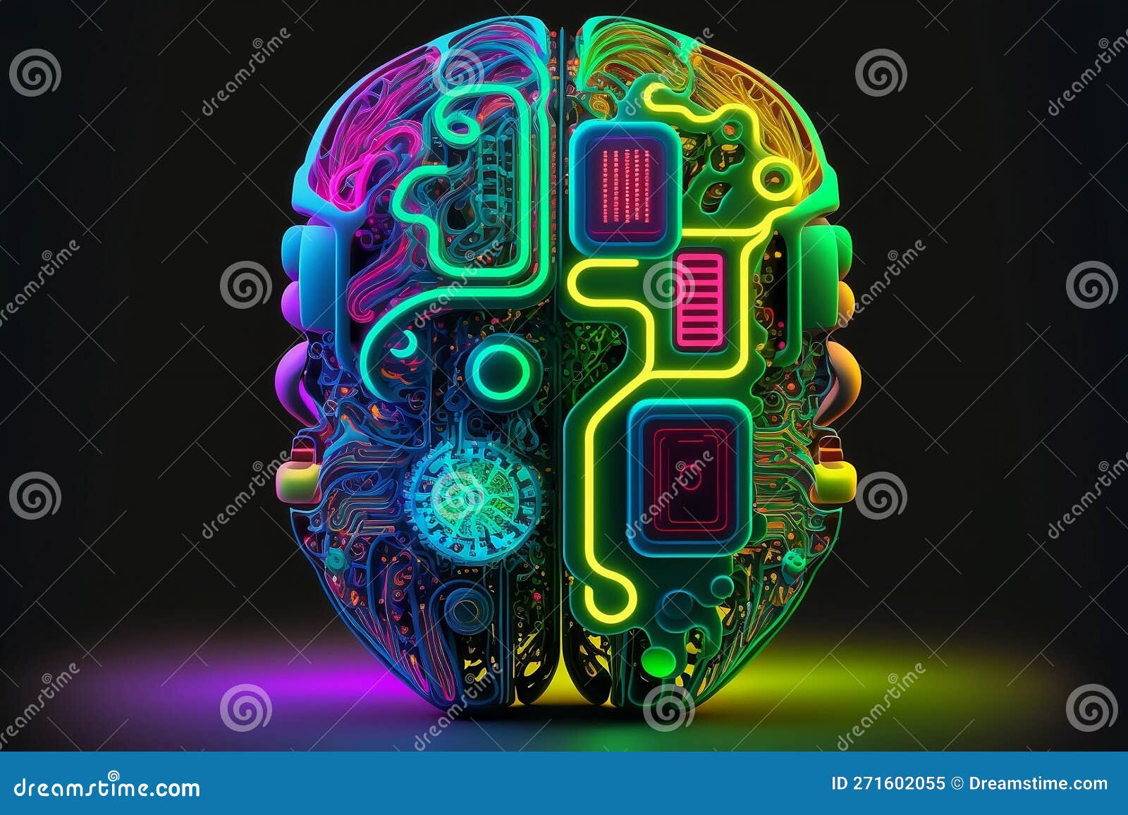 Colorful Brain Illustration and Computer, Human Brain Glowing with ...
