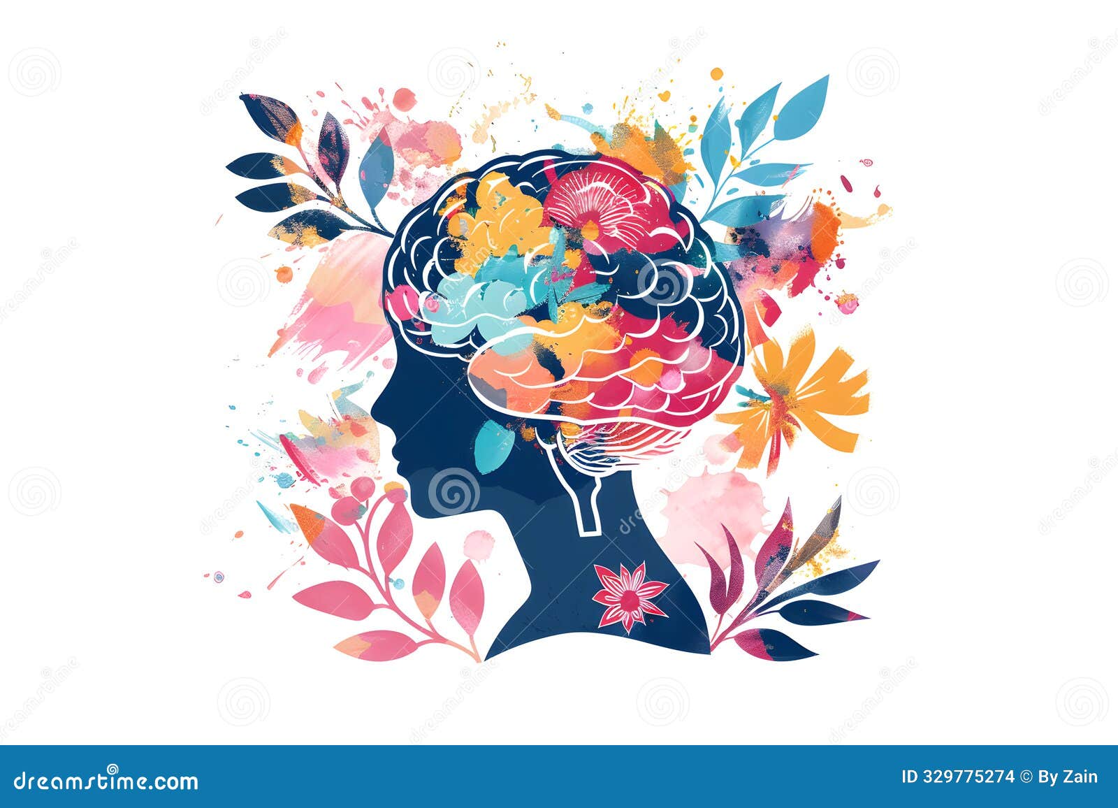 Colorful Brain Illustration Floral Elements Stock Illustration ...