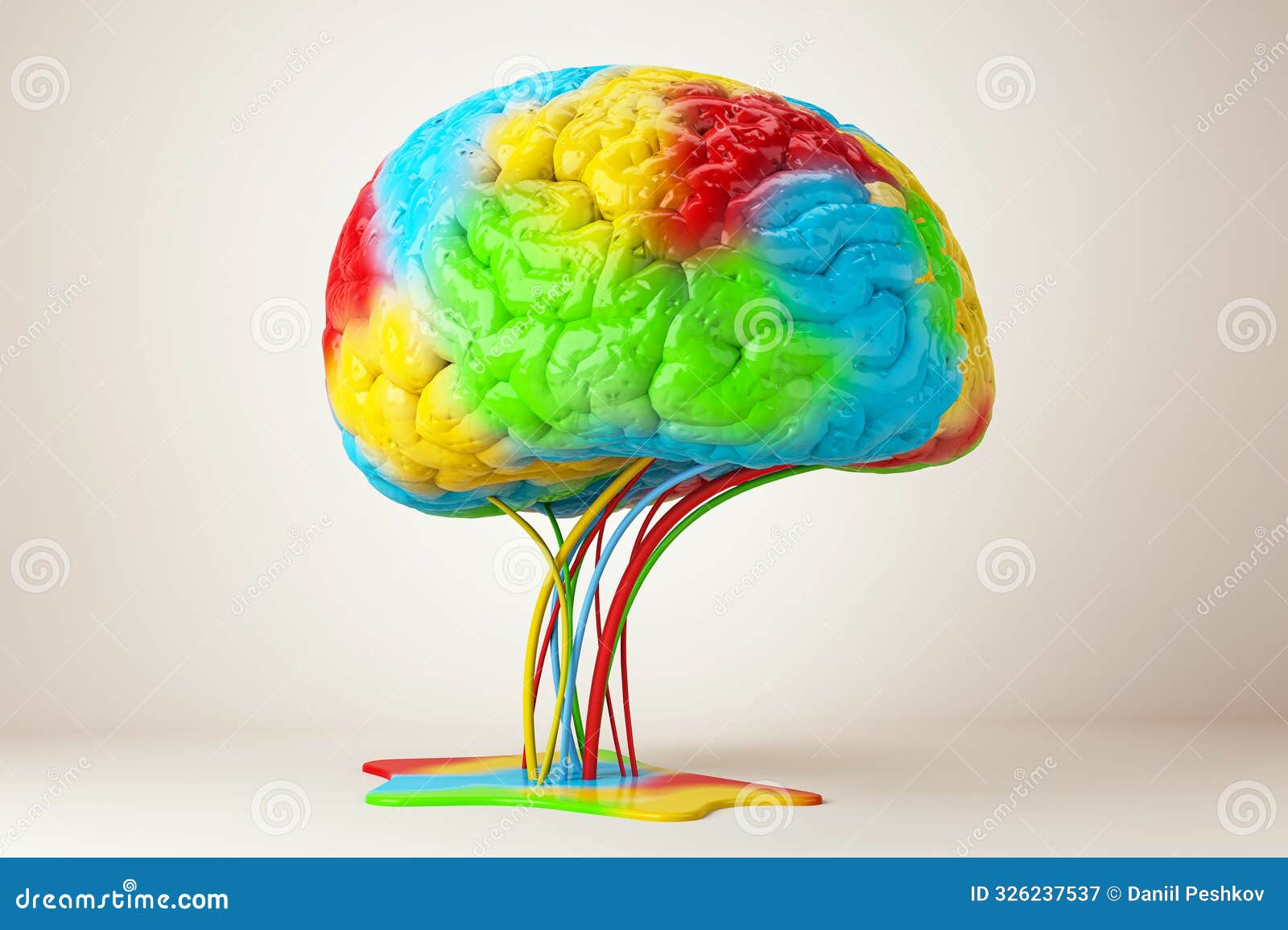 A Colorful Brain Model Melting Onto a Plain Background, Representing a ...