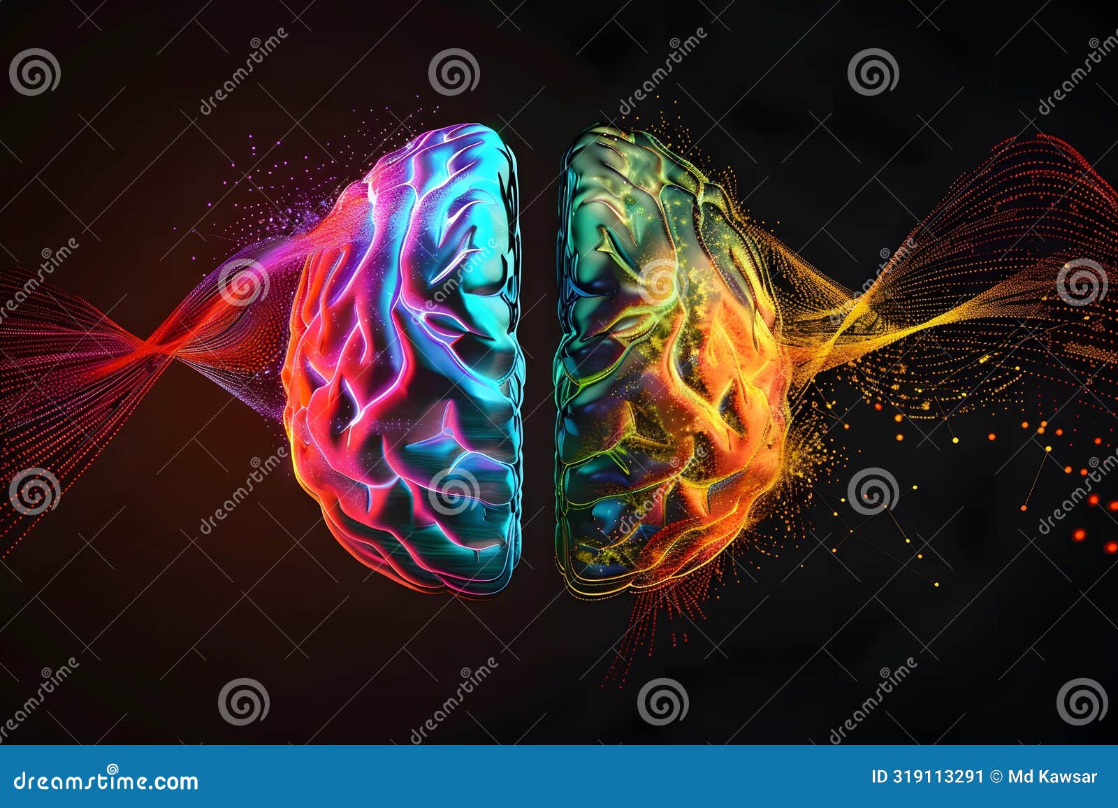Vibrant Brain with Neural Connections and Sound Waves on Dark ...