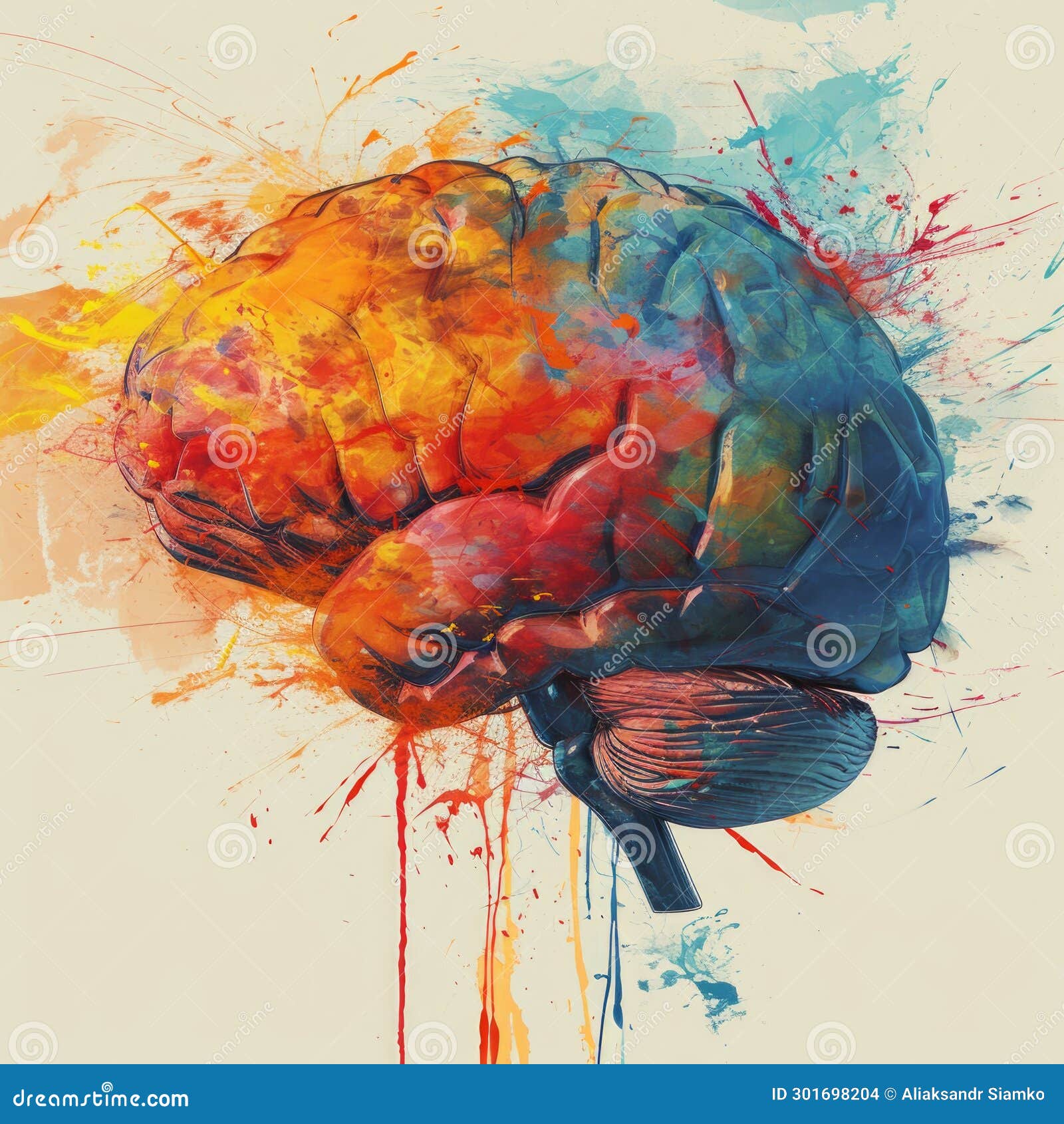 A Colorful Brain with Paint Splatters Stock Illustration - Illustration ...