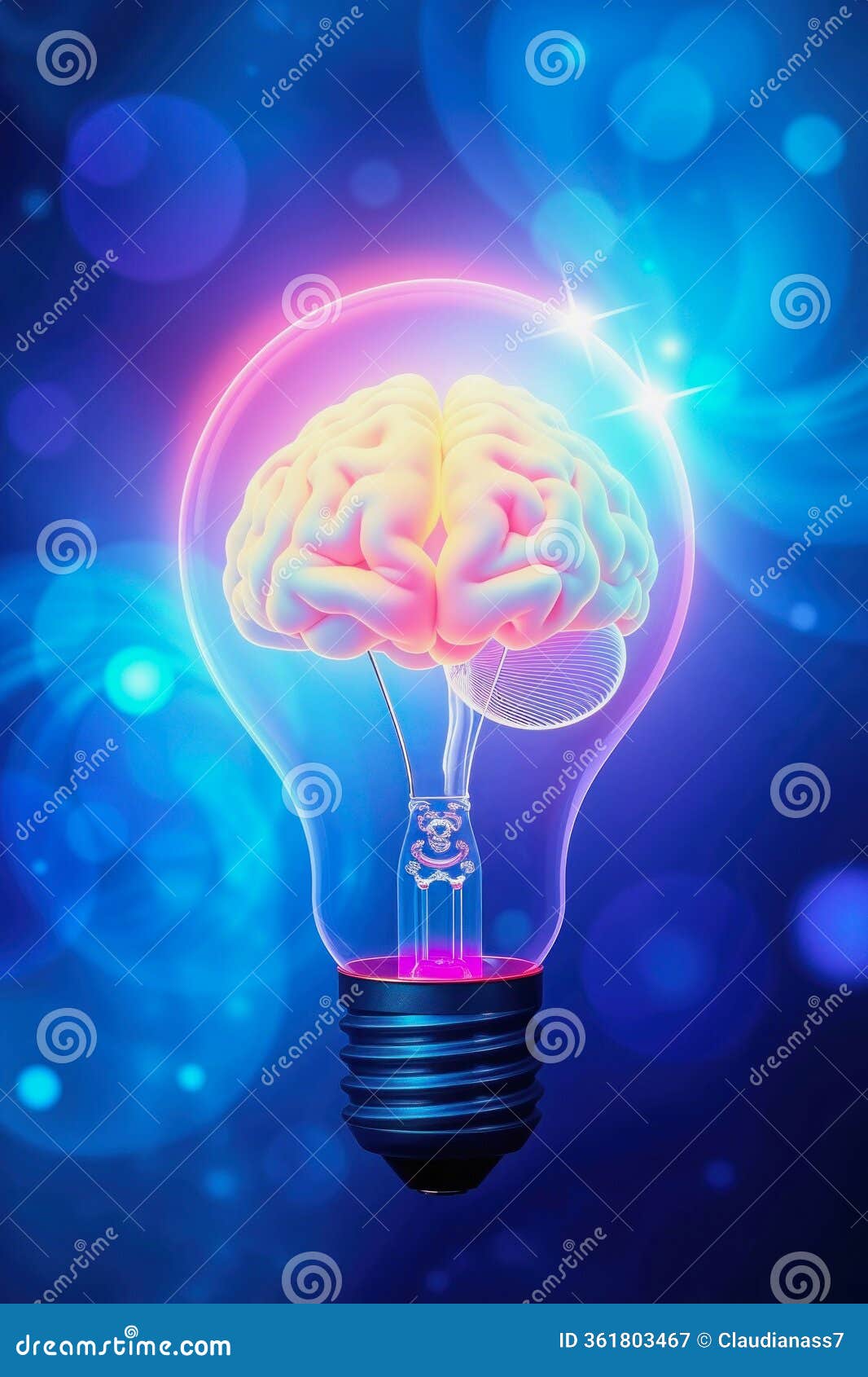 Pastel Brain Inside Glowing Lightbulb on Vibrant Blue Background Stock ...