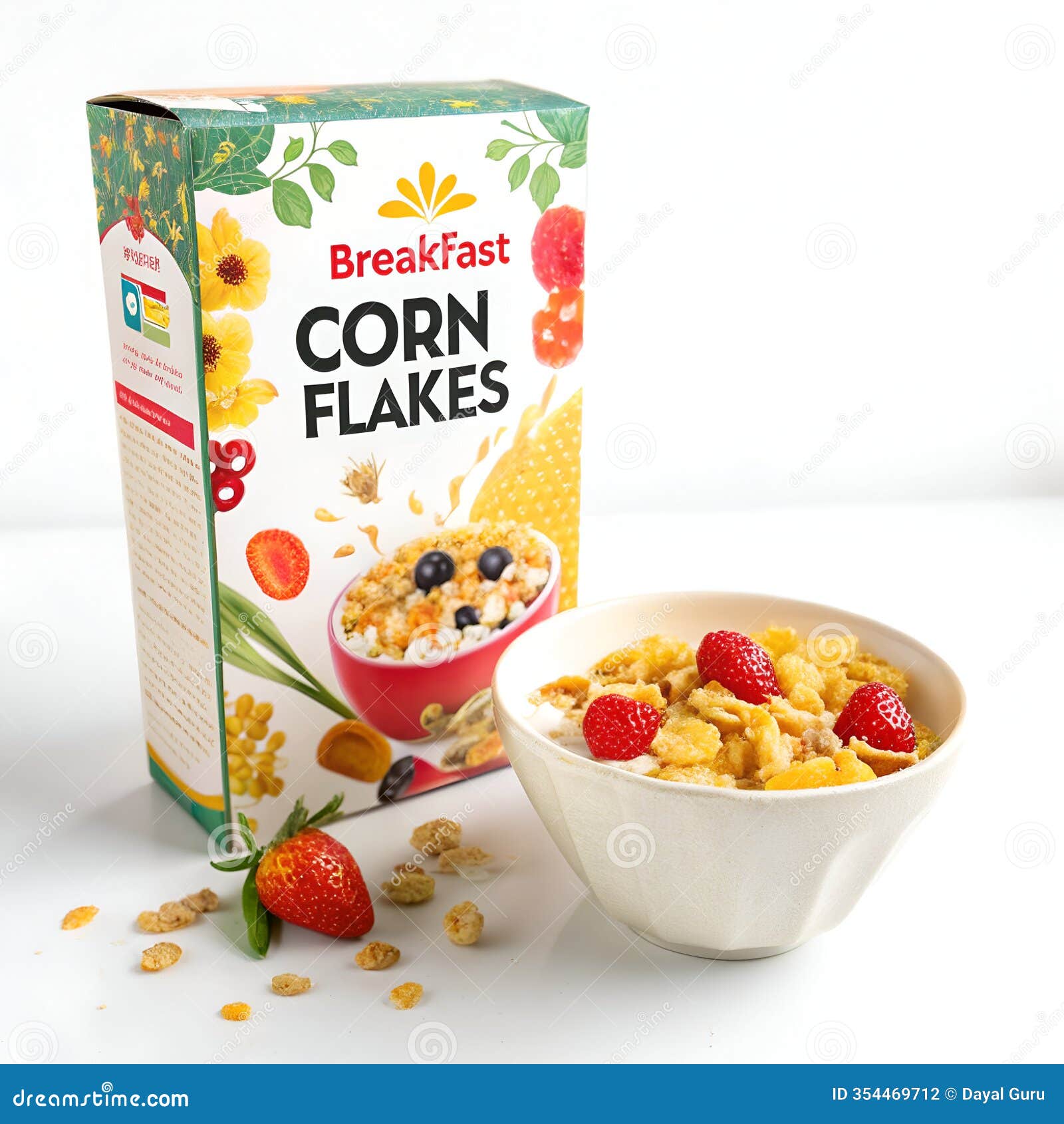 Colorful Breakfast Cereal Box with Corn Flakes on White Background ...