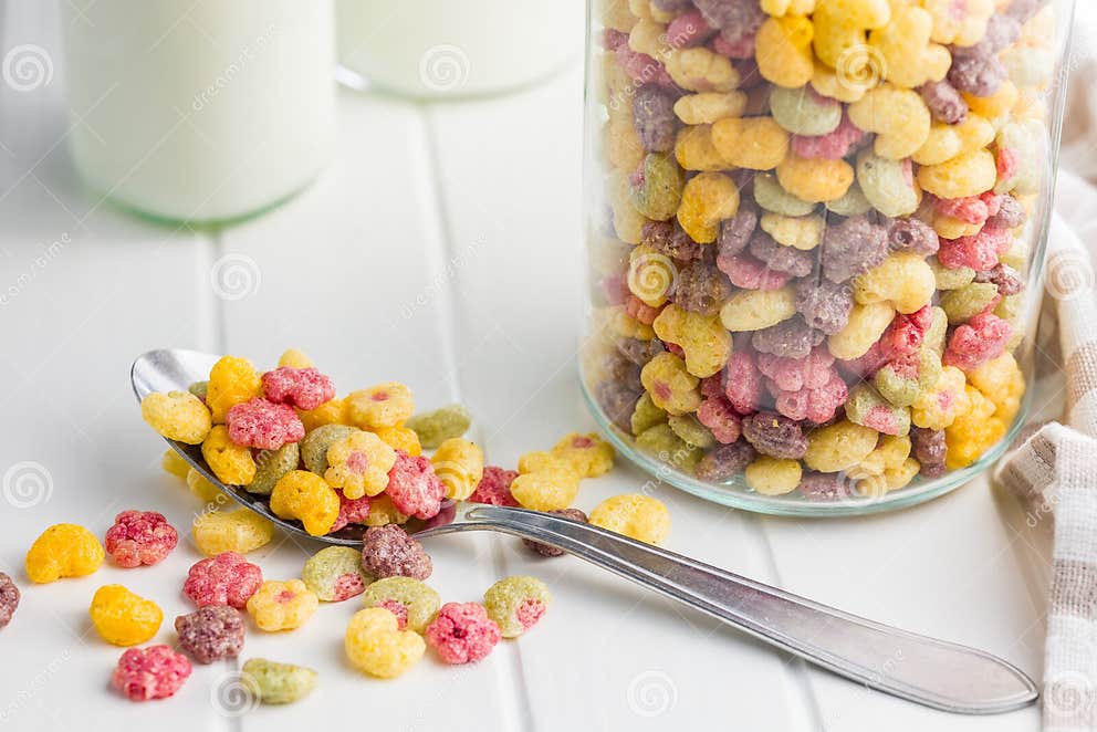 Colorful Breakfast Cereals in the Shape of Various Fruit in on White ...