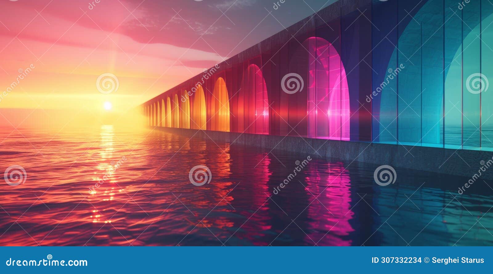 A Colorful Bridge Over Water with Sunset in Background, AI Stock Photo ...