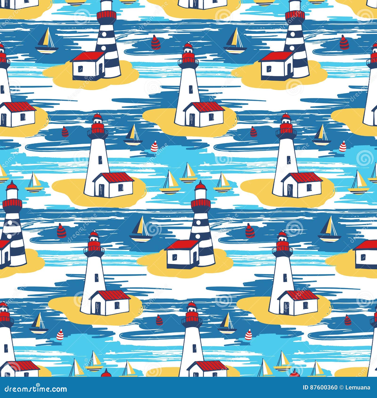 Colorful Bright Vector Seamless Pattern with Lighthouse Landscap Stock ...