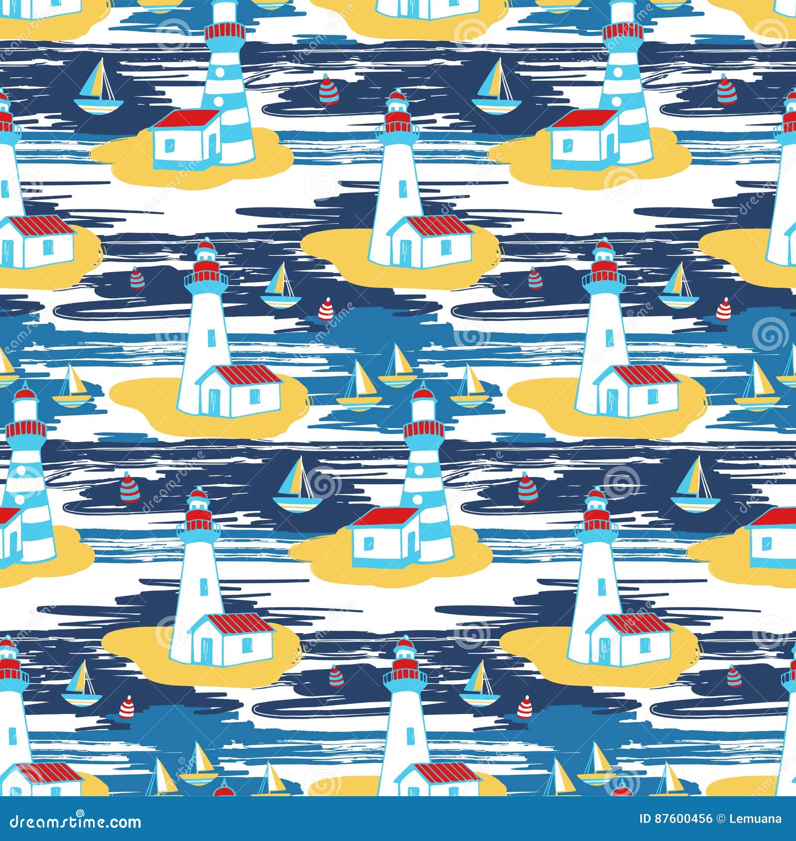 Colorful Bright Vector Seamless Pattern with Lighthouse Landscap Stock ...