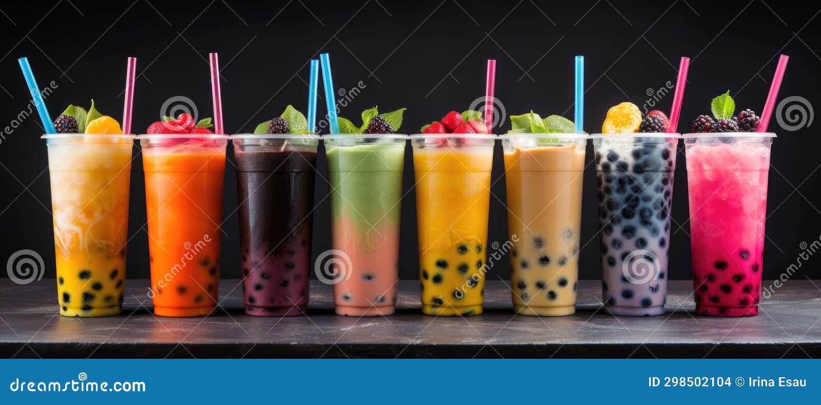 Colorful Bubble Drinks with Fruit Pieces on a Black Background Stock ...