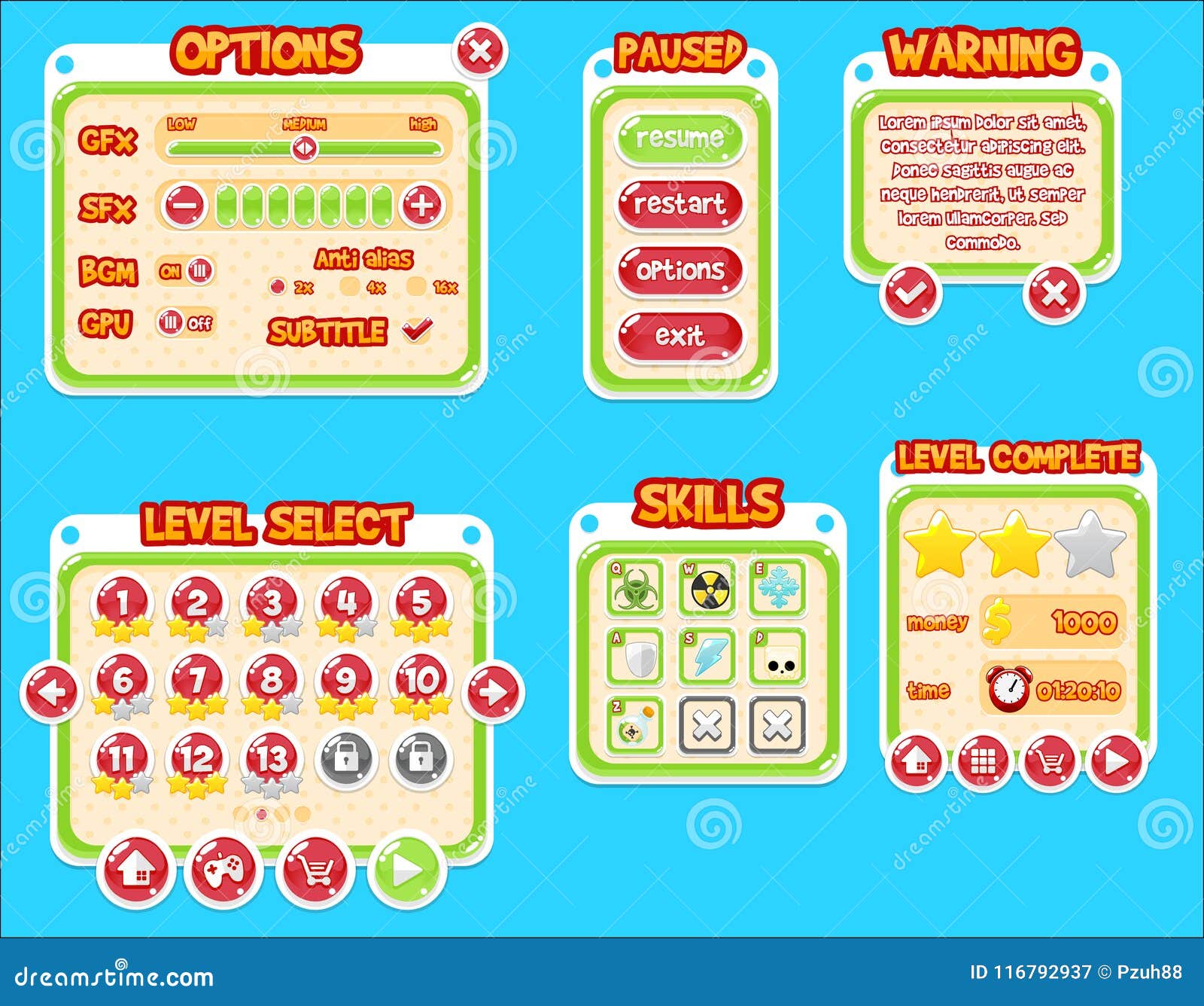 Colorful Bubble Game GUI Set Stock Vector - Illustration of buttons ...
