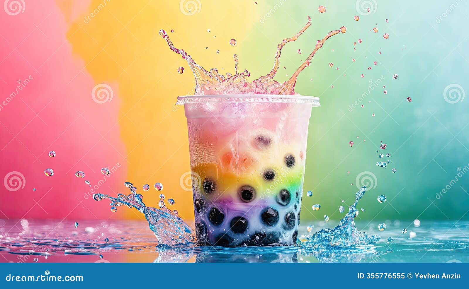 Colorful Bubble Tea with Ice in a Clear Cup with Splashes on a Multi ...