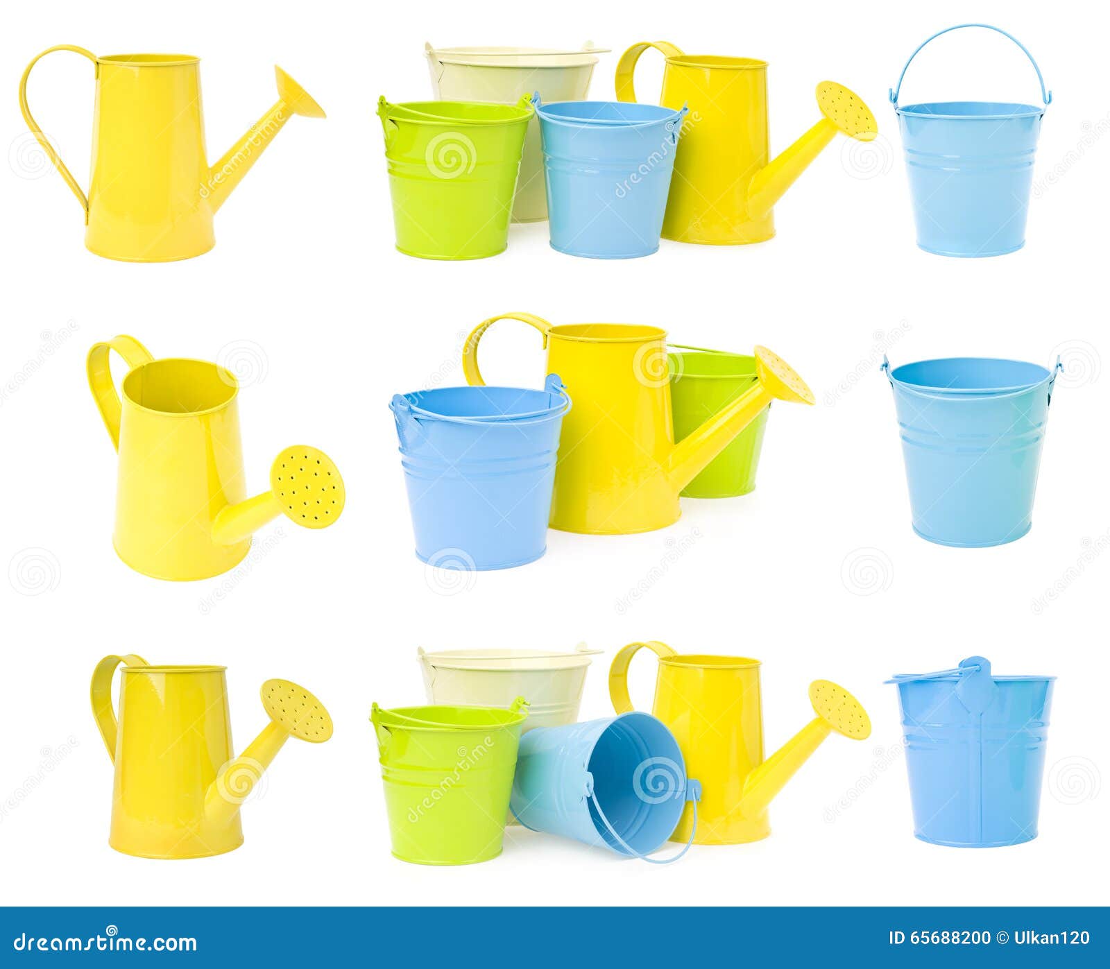 Colorful Buckets and Watering Can Stock Photo - Image of vertical, pail ...