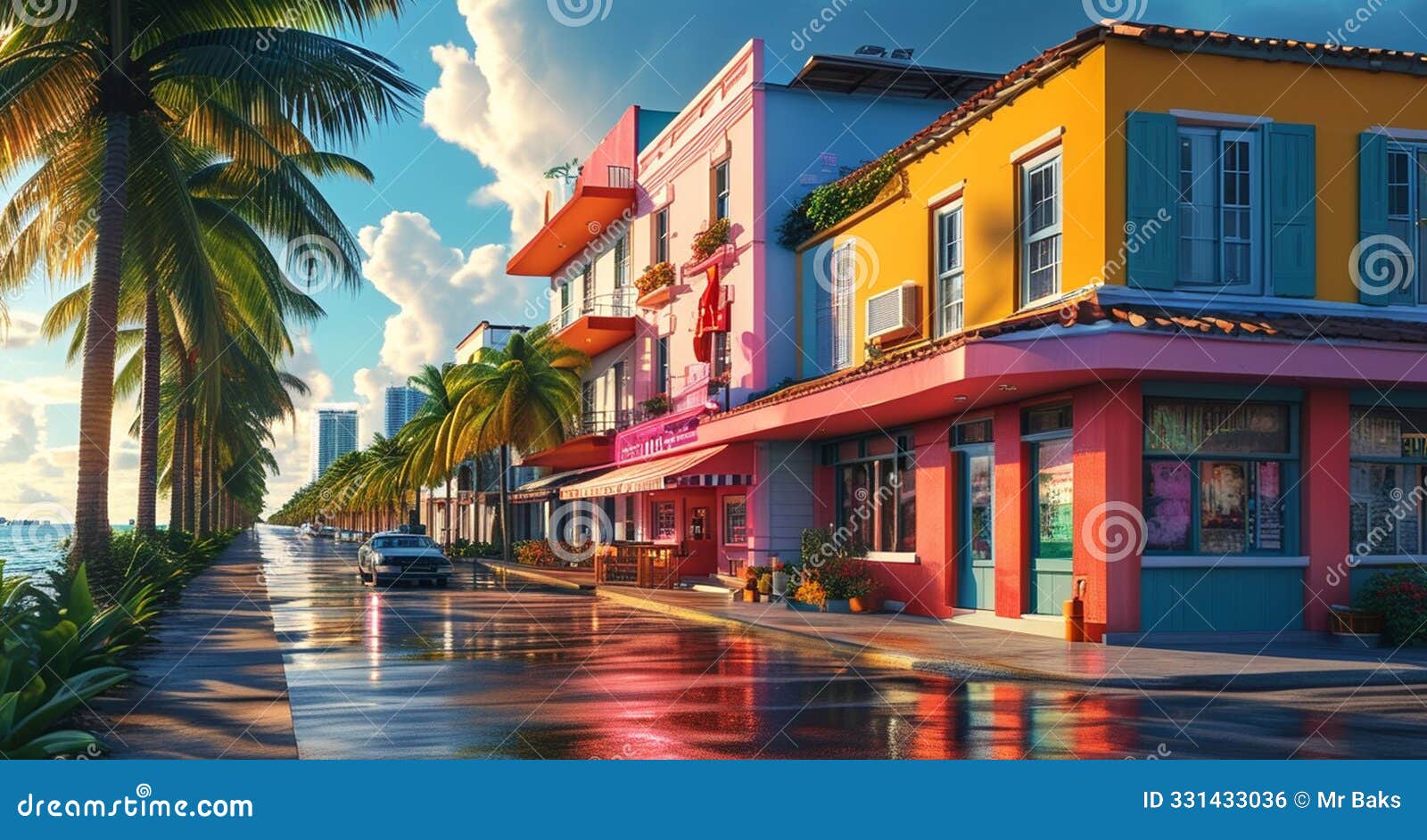 Colorful Buildings on the Waterfront in Miami Stock Illustration ...