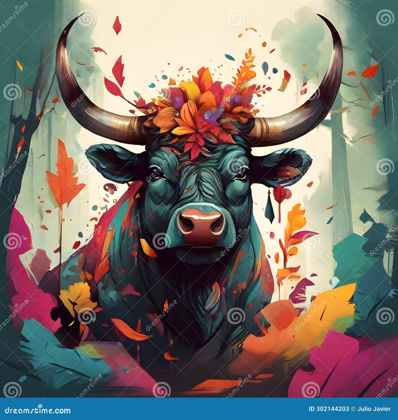 Colorful Bull Head with Colorful Forest Theme Stock Image - Image of ...