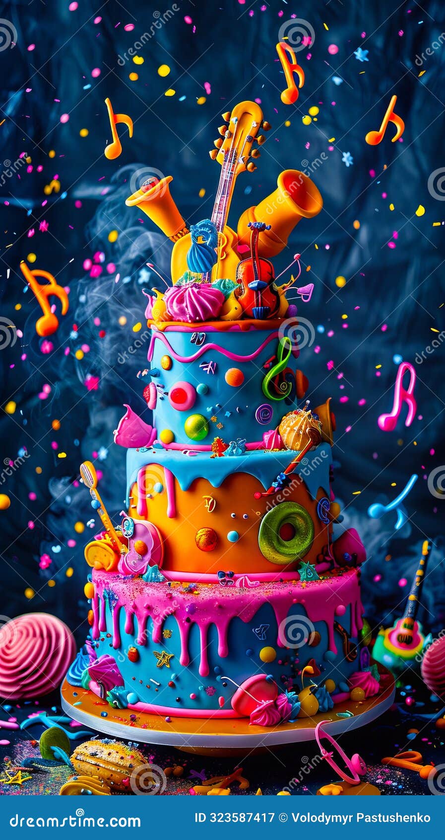 A Colorful Cake with Music Notes and Confetti Stock Image - Image of ...