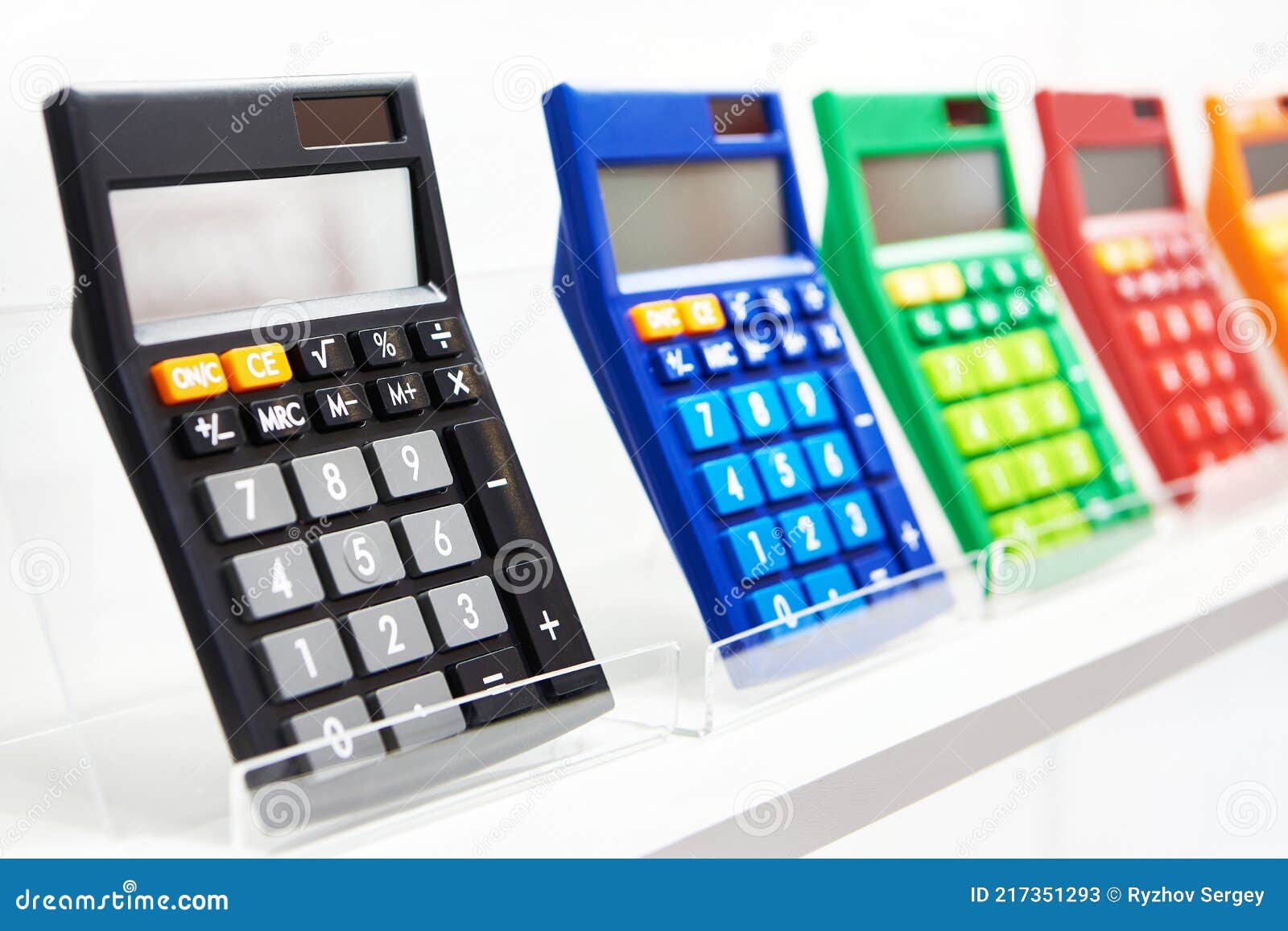 Colorful Calculators on Showcase in Stationery Store Stock Image ...