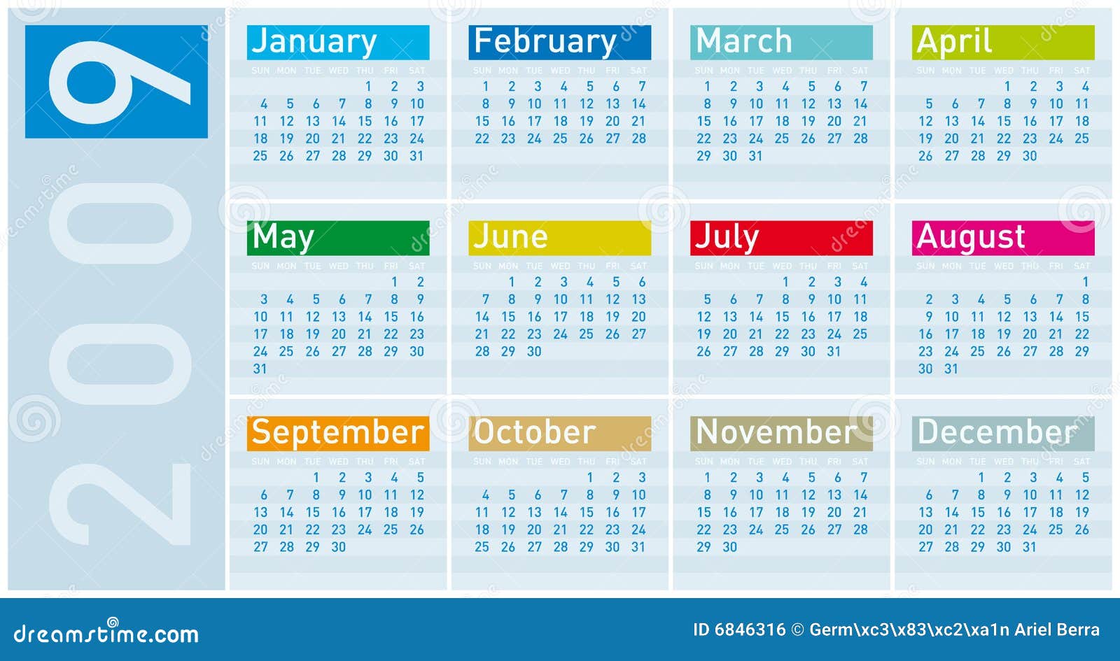Colorful Calendar for 2009 stock vector. Illustration of week - 6846316