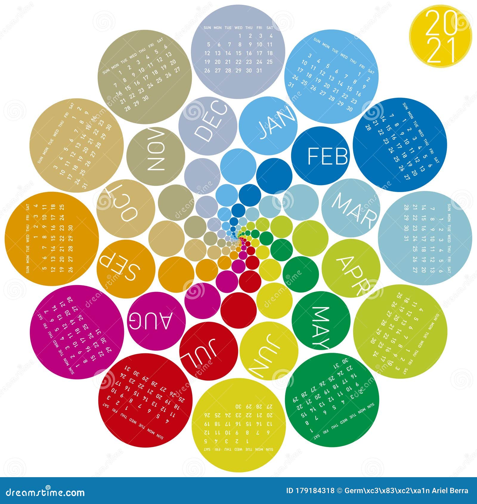 Colorful Calendar for 2021. Circular Design Stock Vector - Illustration ...