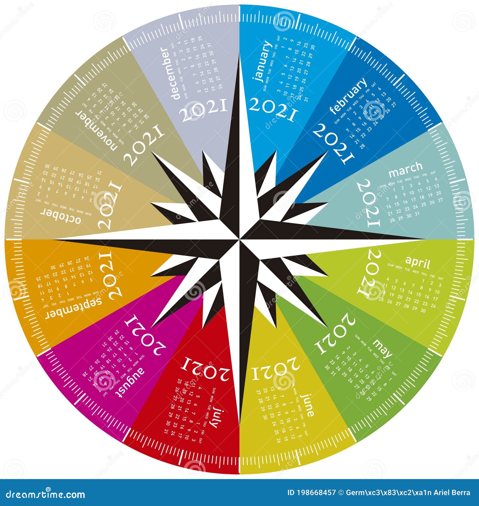 Colorful Calendar for 2021. Circular Design Stock Vector - Illustration ...
