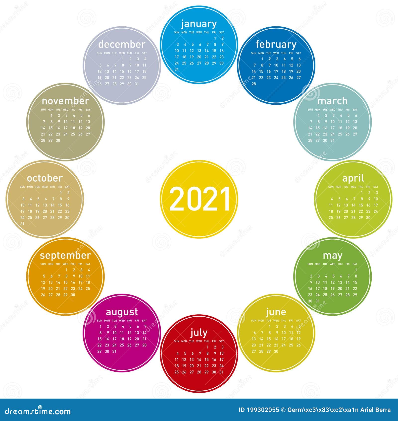 Colorful Calendar for 2021. Circular Design Stock Vector - Illustration ...