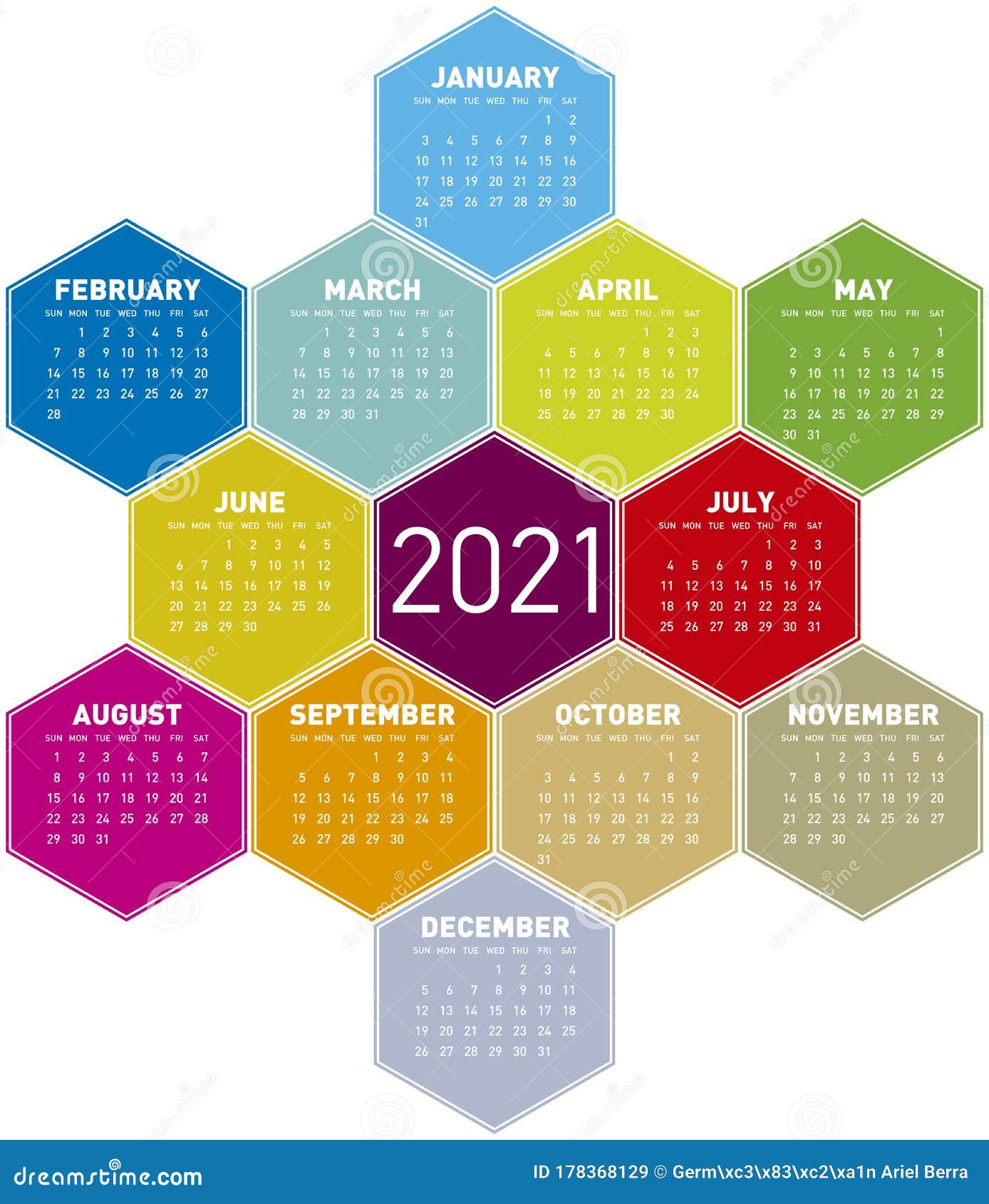Colorful Calendar Design for Year 2021 in an Hexagonal Pattern. in ...