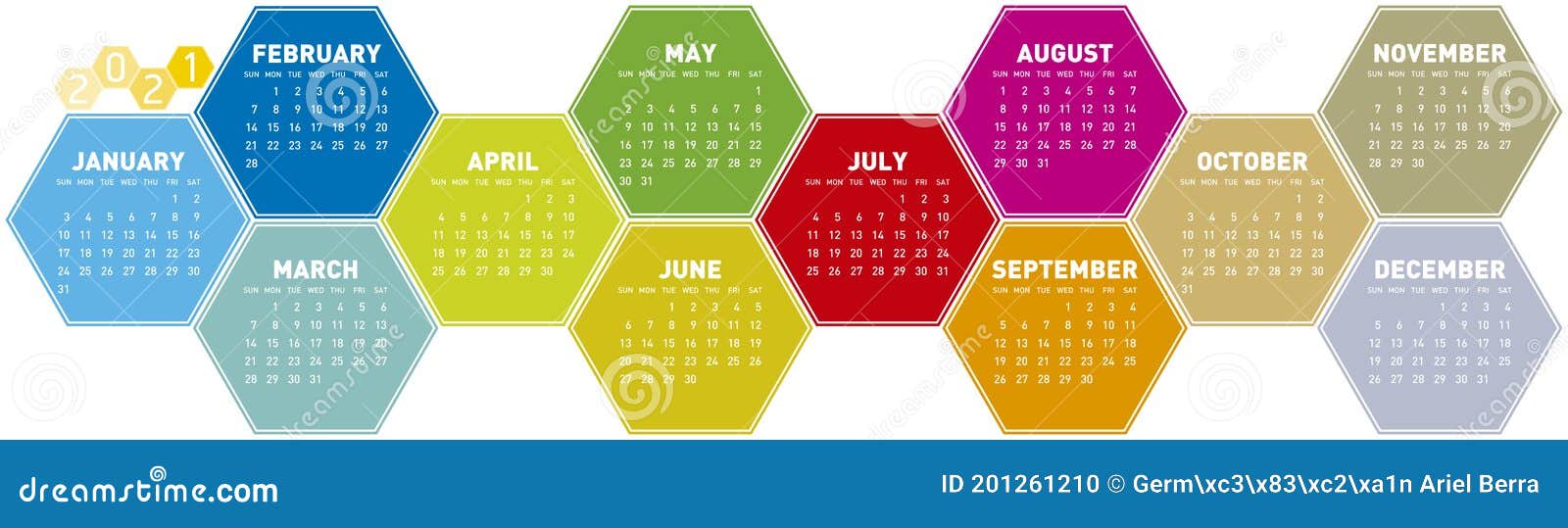 Colorful Calendar Design for Year 2021 in an Hexagonal Pattern. Stock ...