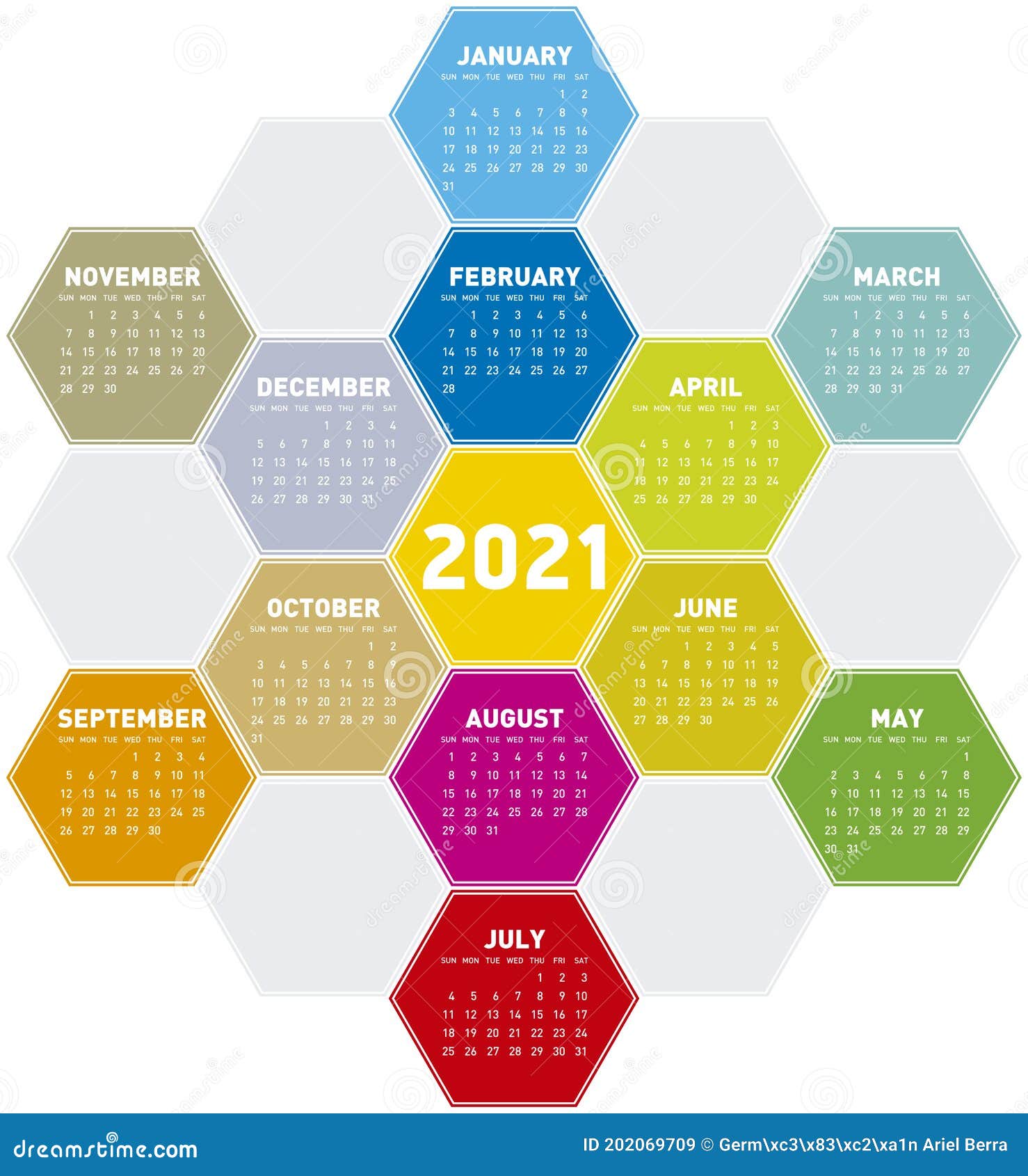 Colorful Calendar Design for Year 2021 in an Hexagonal Pattern. Stock ...