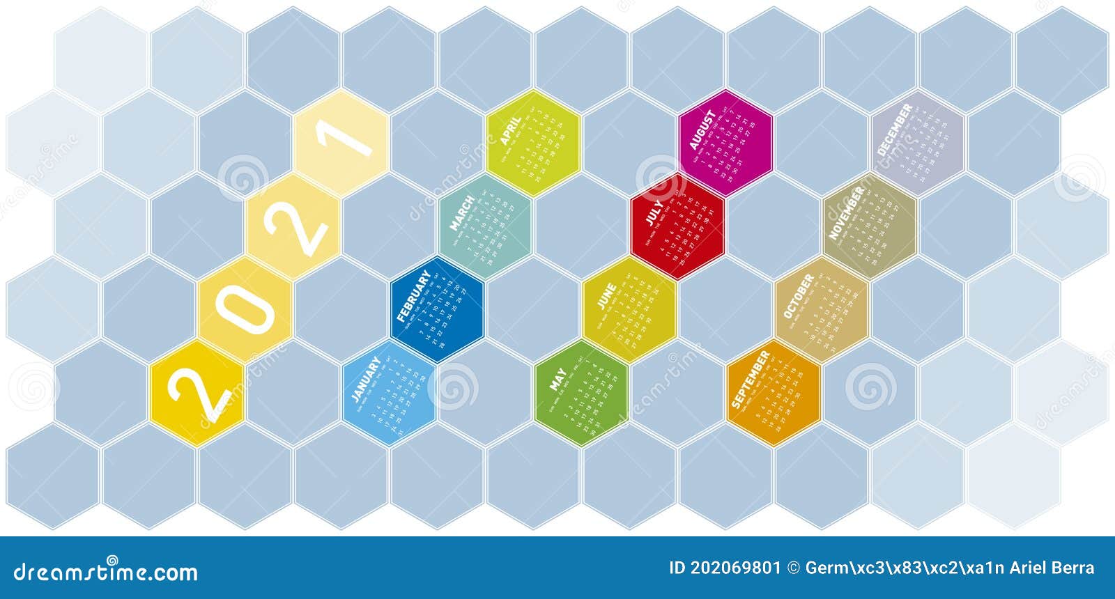 Colorful Calendar Design for Year 2021 in an Hexagonal Pattern. Stock ...