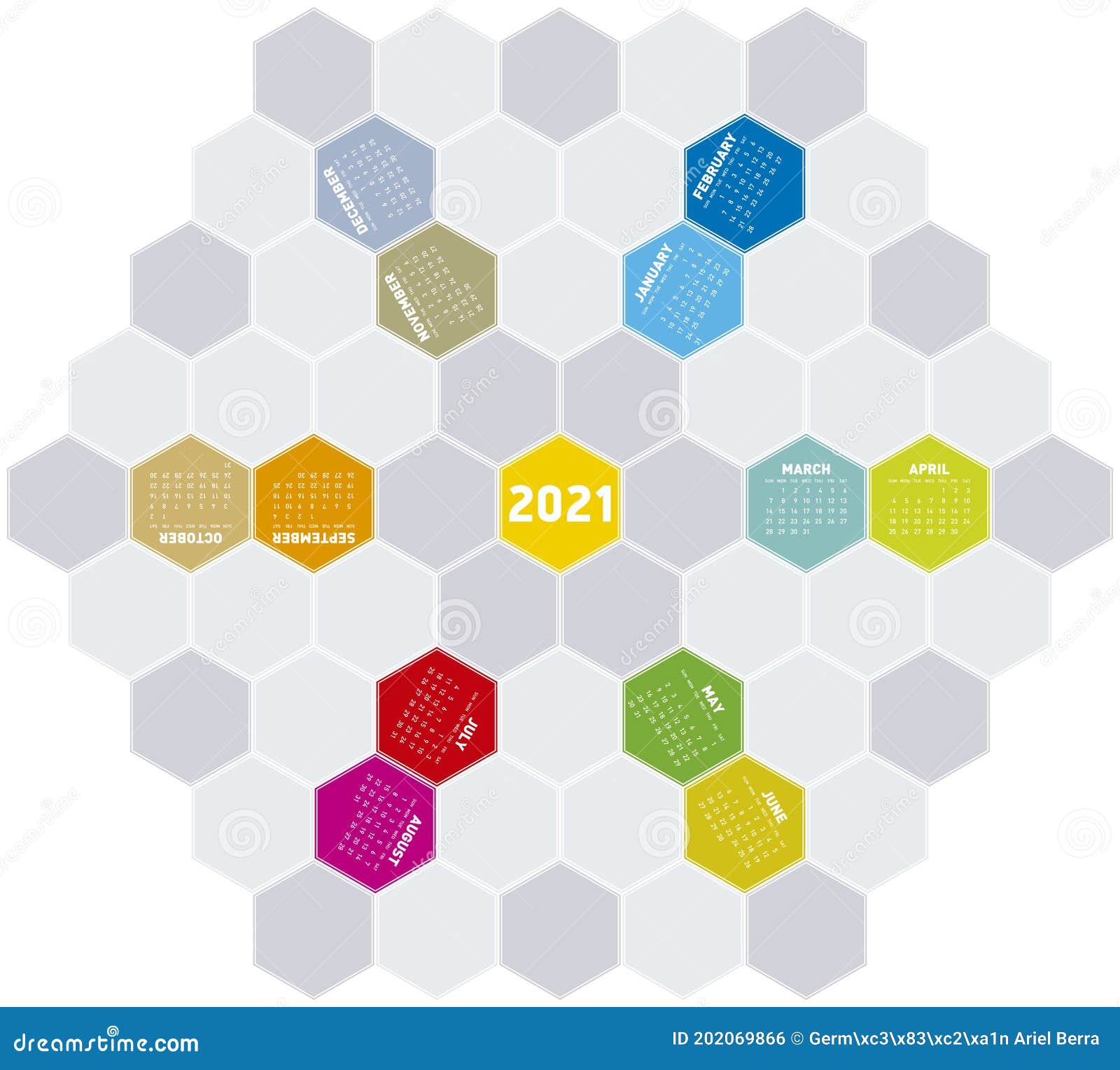 Colorful Calendar Design for Year 2021 in an Hexagonal Pattern. Stock ...