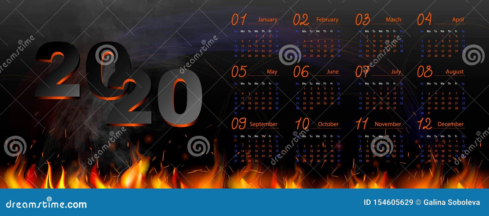 Colorful Calendar for 2020. Wall Mounted Large Poster, Fire on Black ...