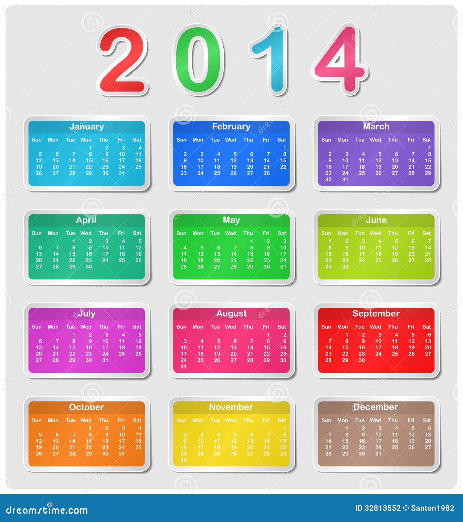 Colorful calendar for 2014 stock vector. Illustration of august - 32813552