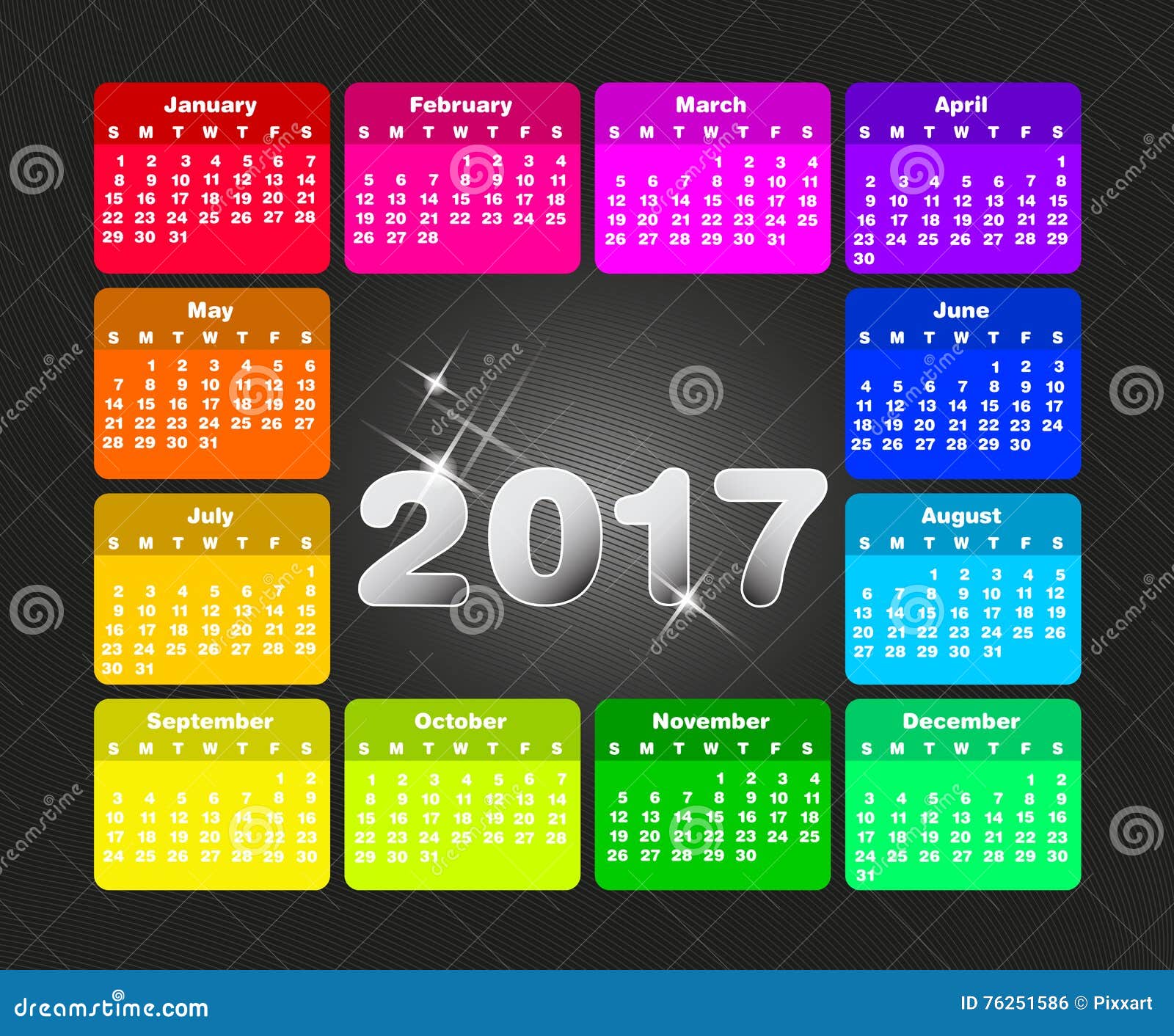 Colorful Calendar for 2017. Week Starts on Sunday Stock Vector ...