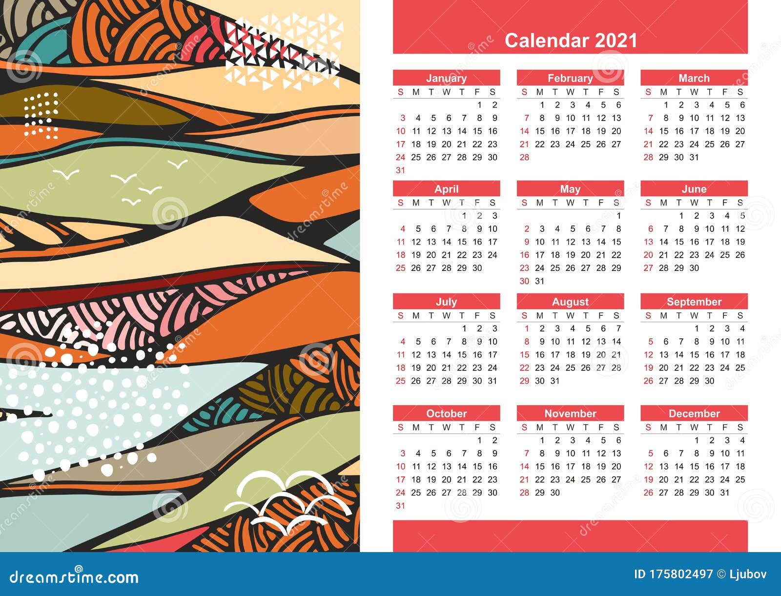 Colorful Calendar for 2021 Year with Abstract Print. Vector Template ...