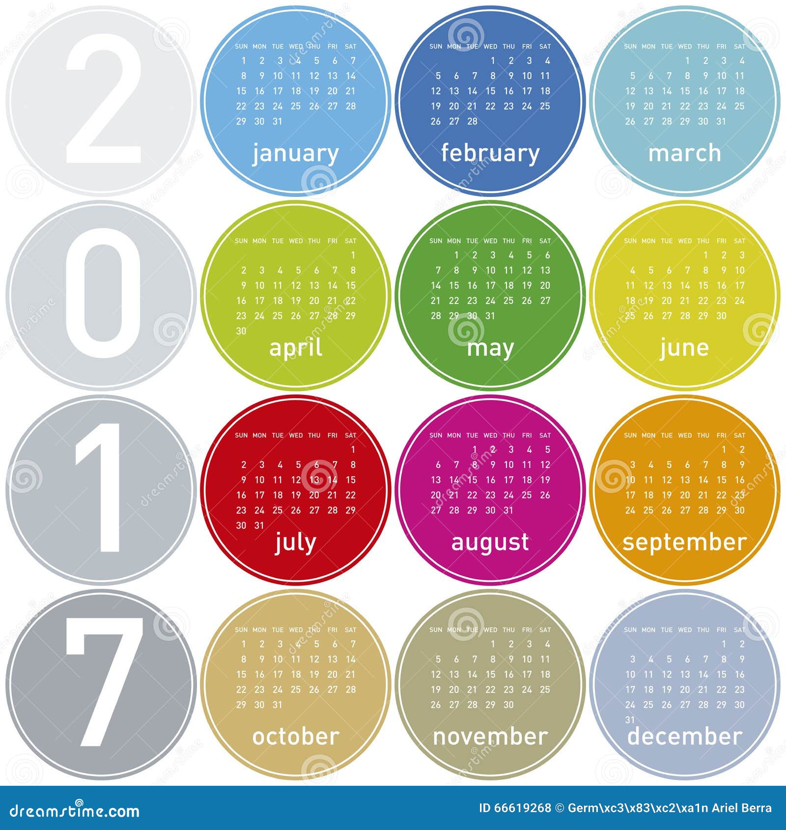 Colorful Calendar for Year 2017 in a Circles Theme Stock Vector ...