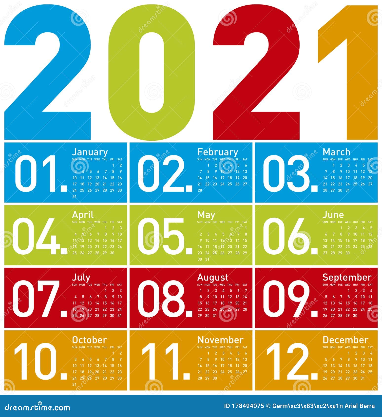 Colorful Calendar for Year 2021 Stock Vector - Illustration of colour ...