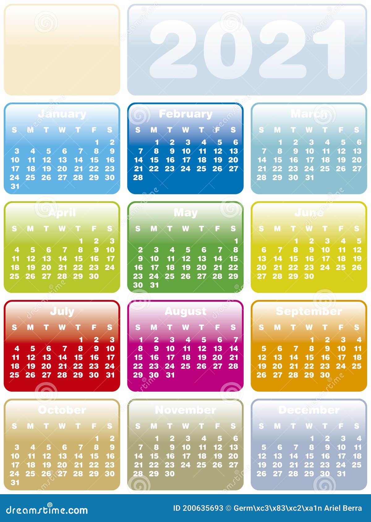Colorful Calendar for Year 2021 Stock Vector - Illustration of month ...